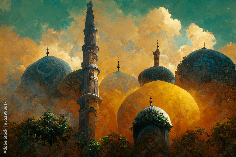 Islamic Mosques with the golden colors, realistic views of the city ...