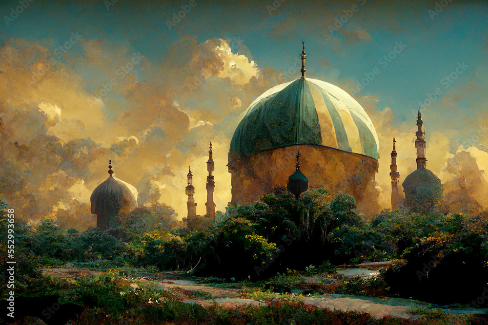 Islamic Mosques with the golden colors, realistic views of the city ...