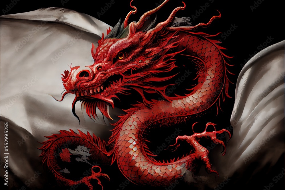 a red dragon is sitting on a white sheet with a black background and a ...