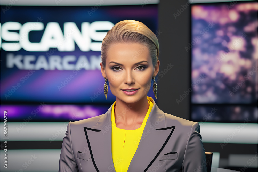 News anchor in the TV Studio . Beautiful girl reading the news AI ...