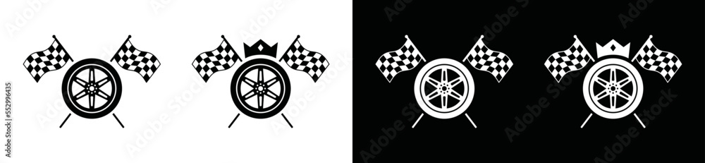 Car wheels rims with cross racing flag icon logo vector. Vehicle wheels ...