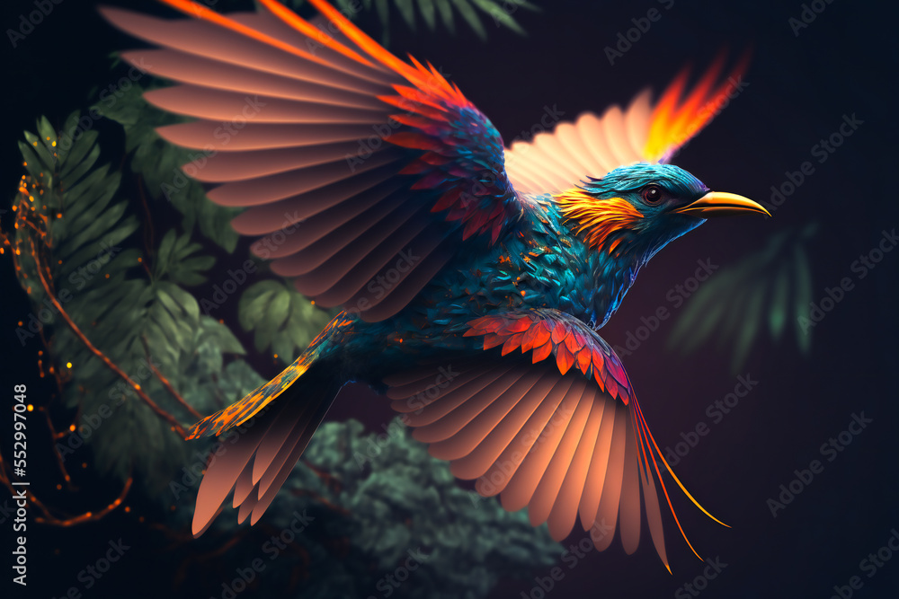 Colored abstract bird of paradise on a black background. Image created ...