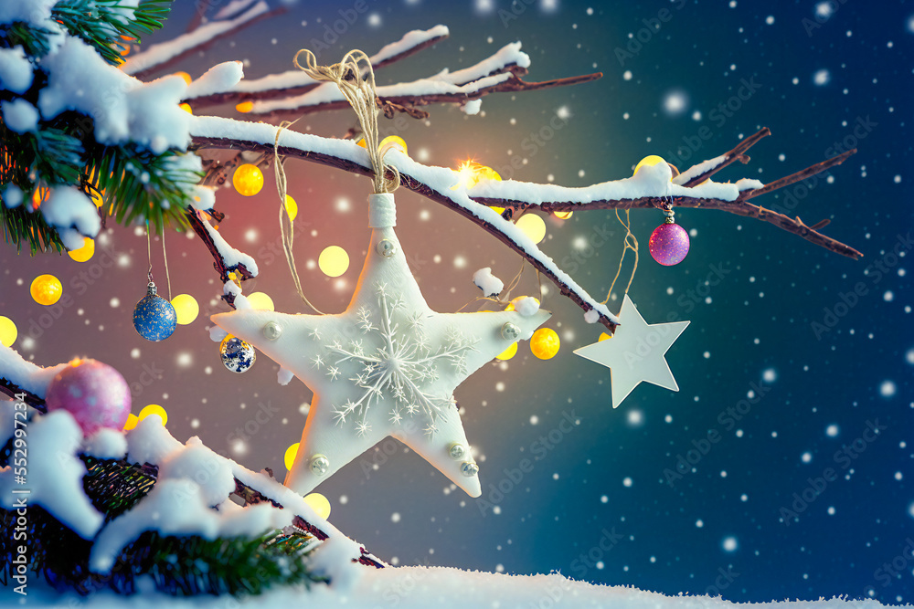 Branches covered by snow. New Year tree with decorations. Image created ...