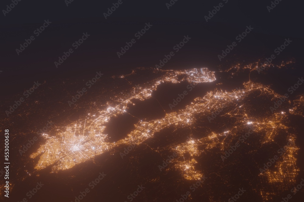 Aerial shot on Bay Area (California, USA) at night, view from east ...