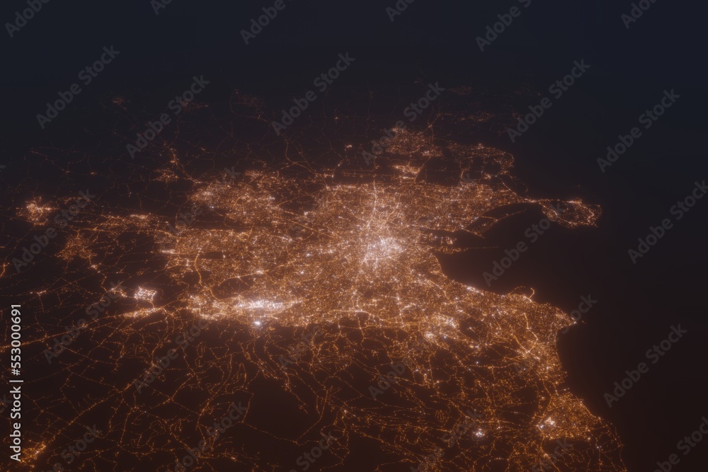 Aerial shot of Dublin (Ireland) at night, view from south. Imitation of ...