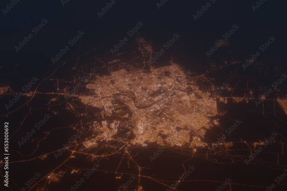 Aerial shot on Baghdad (Iraq) at night, view from east. Imitation of ...