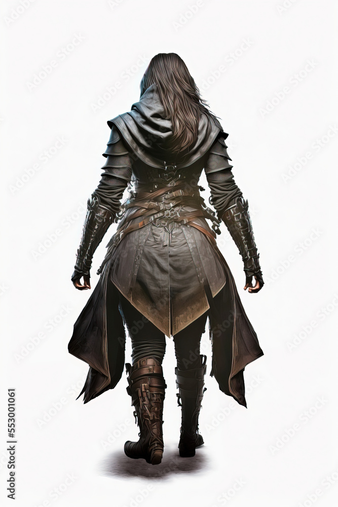 personnage de fantasy de dos sur fond blanc, voleuse Stock Illustration ...