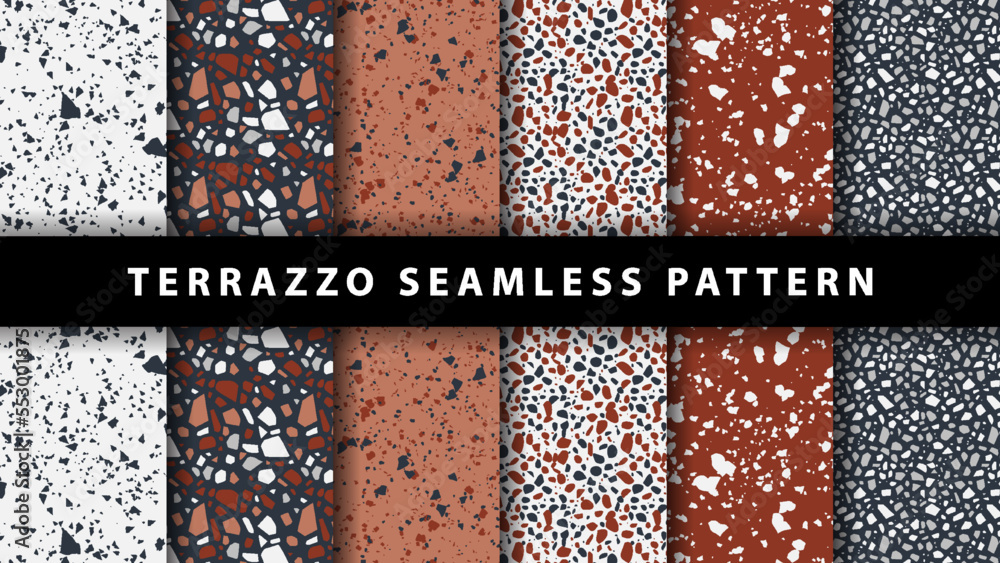 Set of terrazzo seamless patterns. Terrazzo floor pattern. Terrazzo seamless pattern. Collection ...