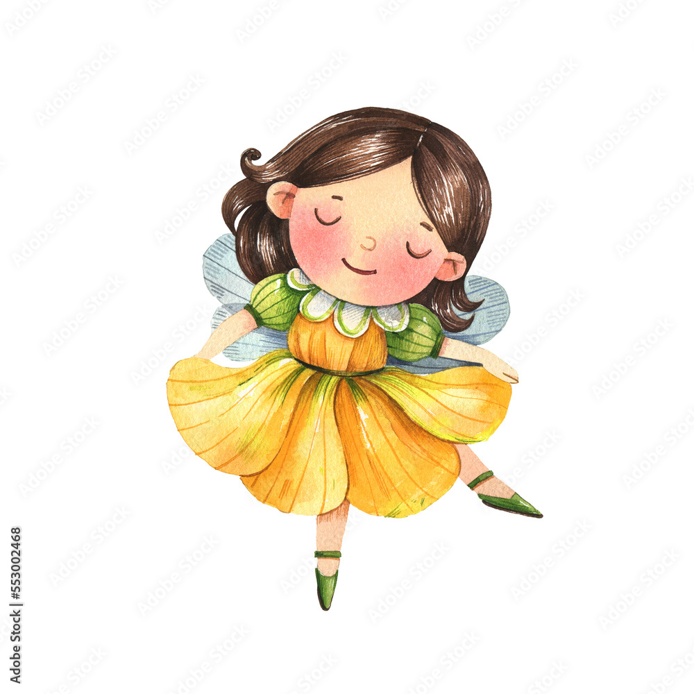Flower fairy, little princess dressed as a yellow flower illustration ...
