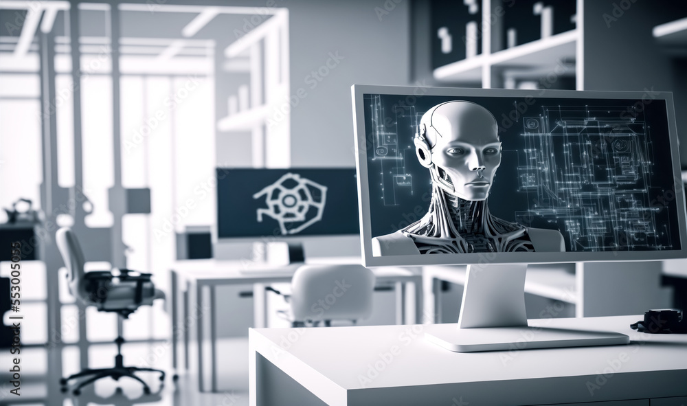 Modern furnished blurred office interior background with digital ...