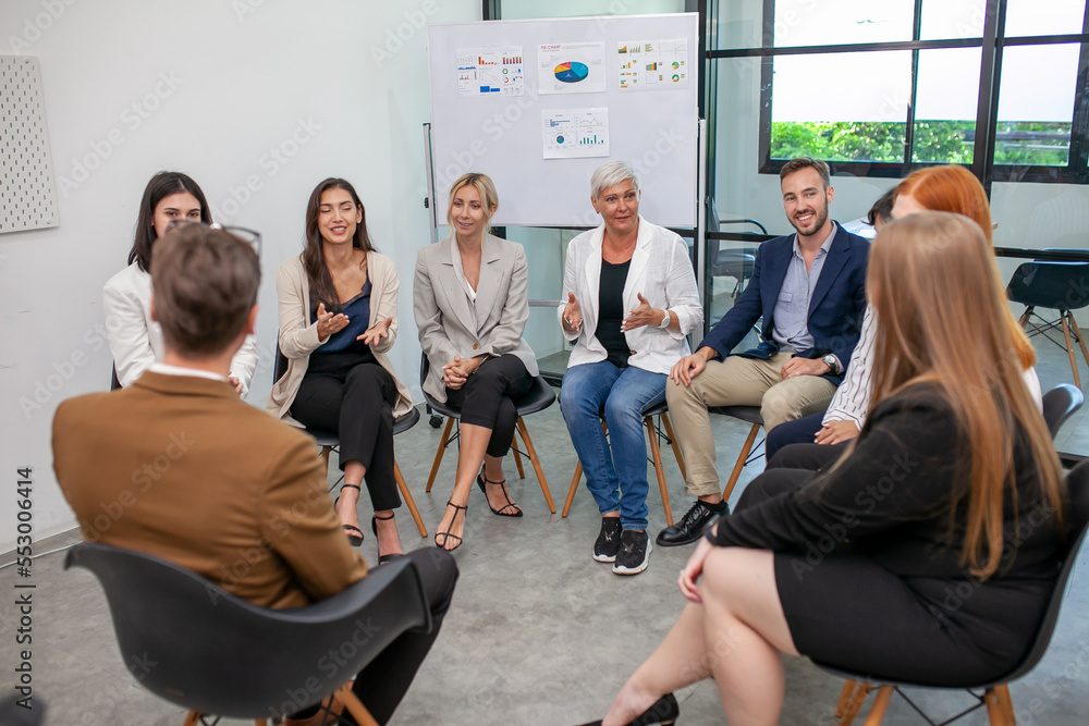 business team male and female colleagues talking at work share ideas ...