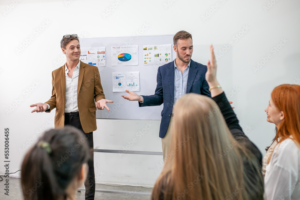 business team male and female colleagues talking at work share ideas ...
