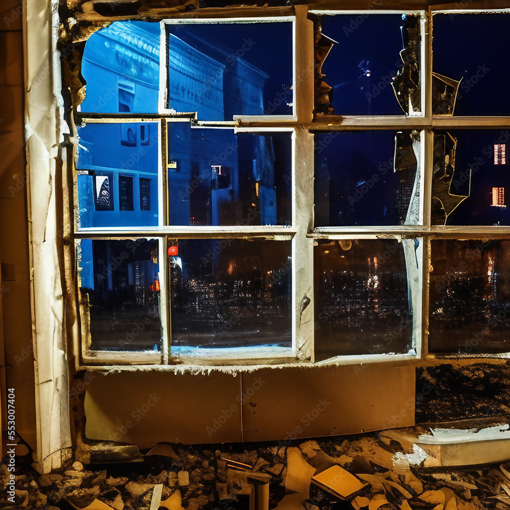 Generative AI illustration of a broken window and destruction after a ...