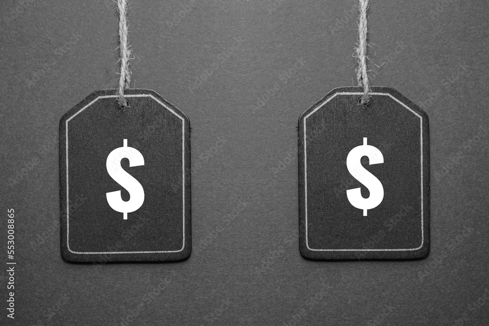 black price tag with dollar sign on the black background, black mockup ...