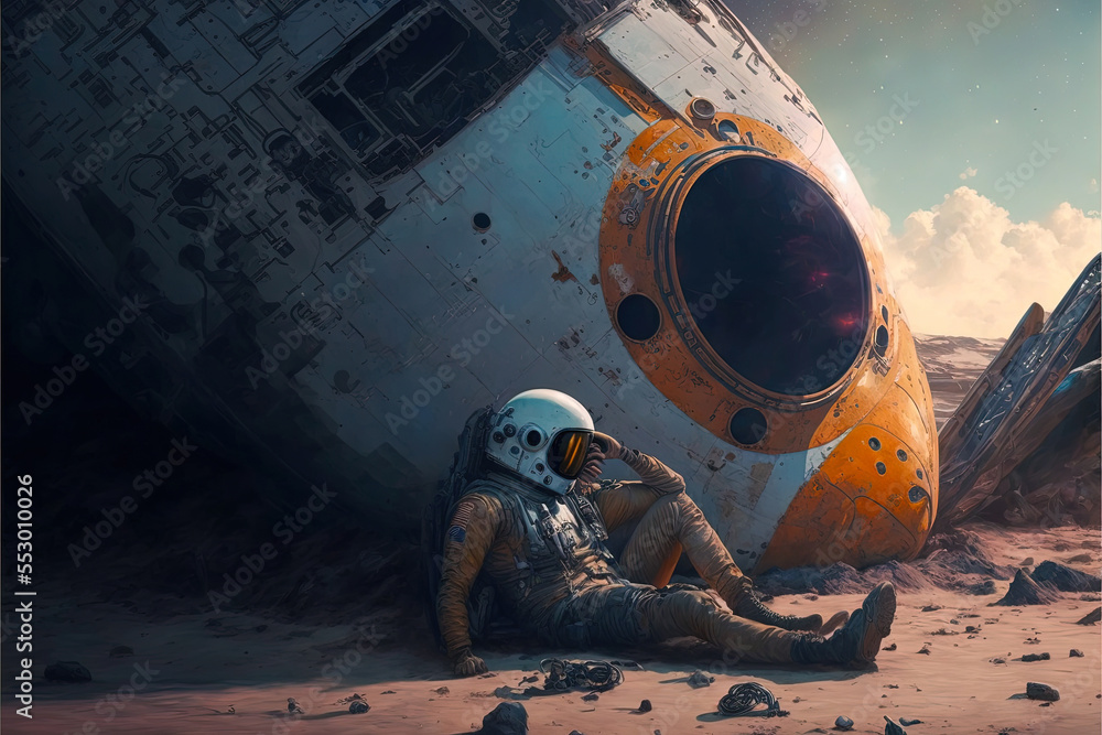 An astronaut resting against a crashed space shuttle in Mars. A broken space ship on the red ...