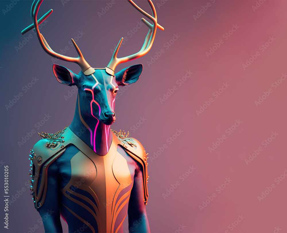 Neon cyber portrait of a cyborg robot deer with big horns, electric ...