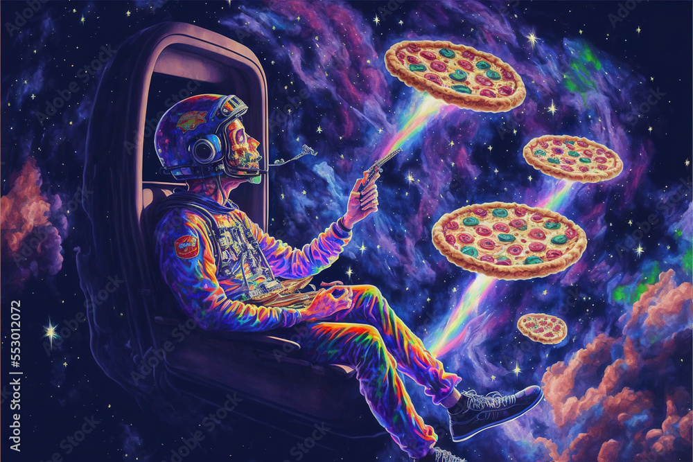 Buddhist astronaught meditating in space with psychodelic pizza ...