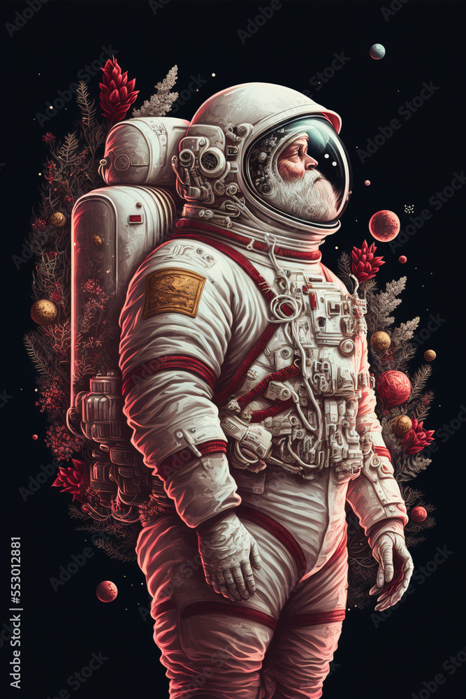 Futuristic white Santa warrior astronaut robot in cyber suit and helmet ...