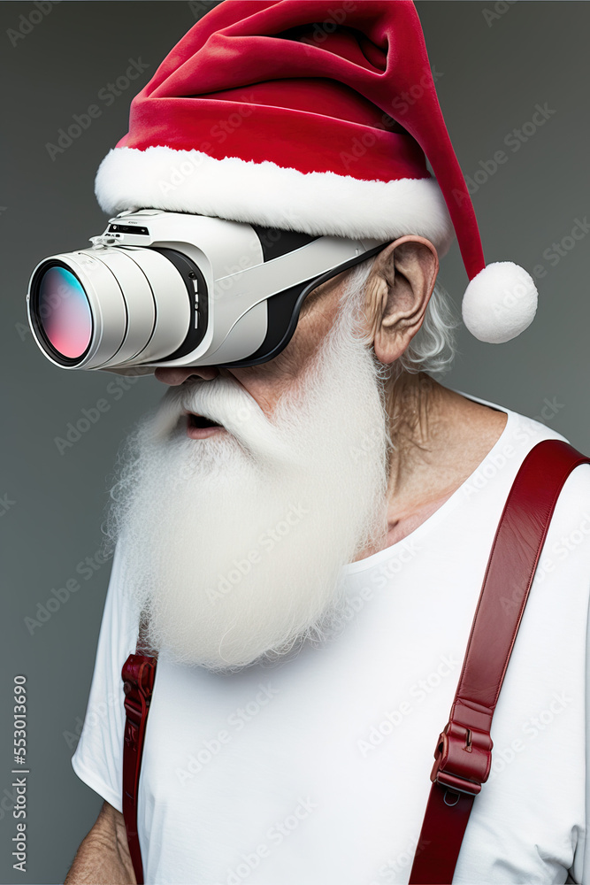 Cyber futuristic modern Santa in white suit with VR glasses. Virtual ...
