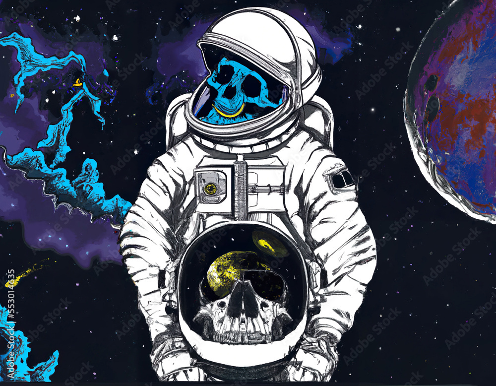 Skulls in astronaut suits in space. Drawing made via dall e AI software ...