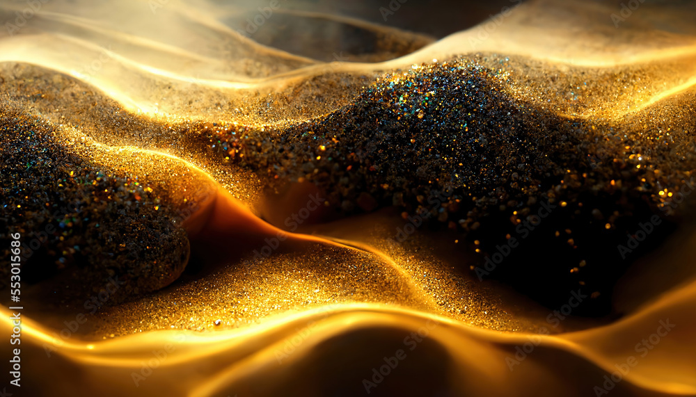 Gold sand. Blur glitter. Bokeh light. Desert dune. Defocused yellow ...