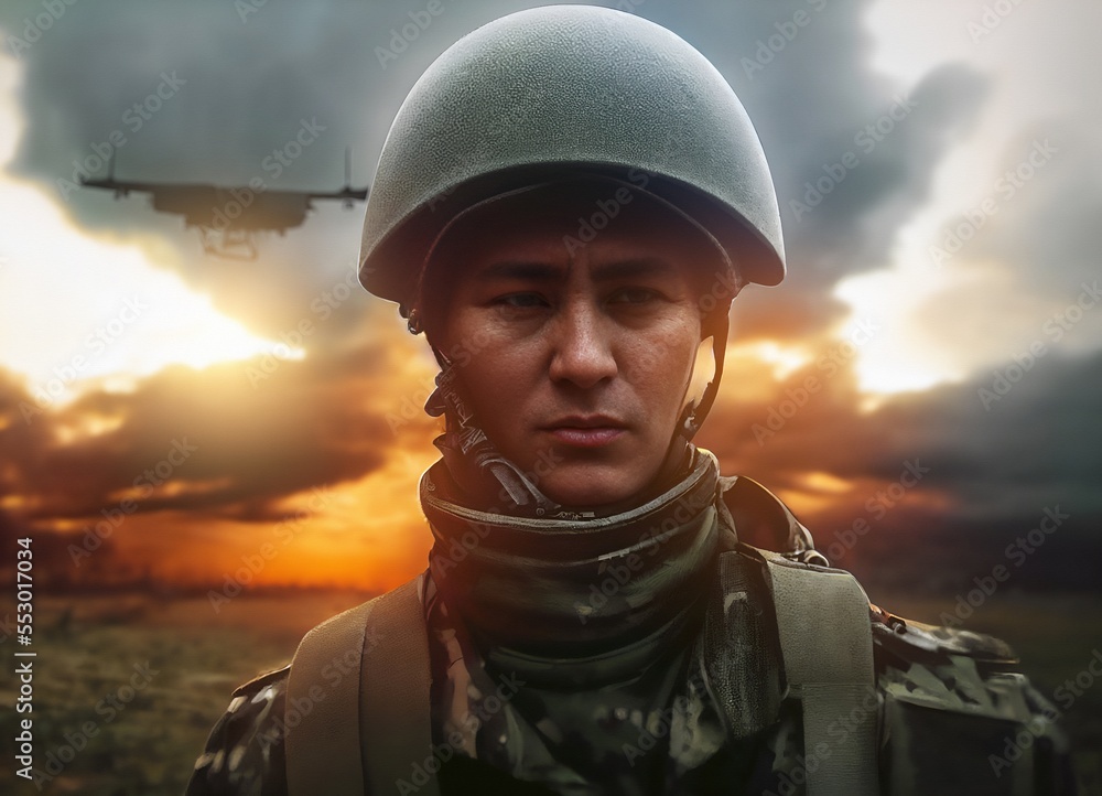 A portrait of a Ukrainian soldier tired of war, a sad look ...