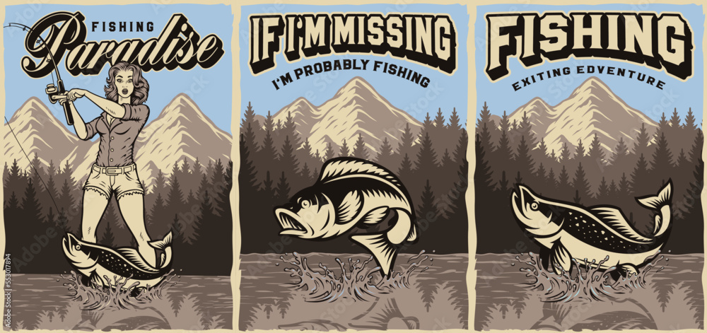 Set of vintage fishing poster with a pin up girl, fishes and wild ...