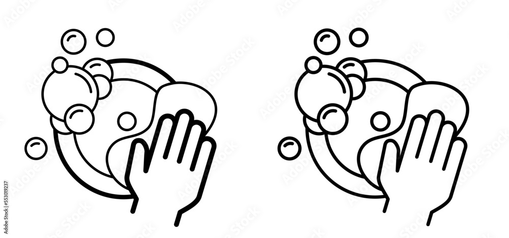 Wash dishes, hand washing or cleanser. Clean plate with water splash ...