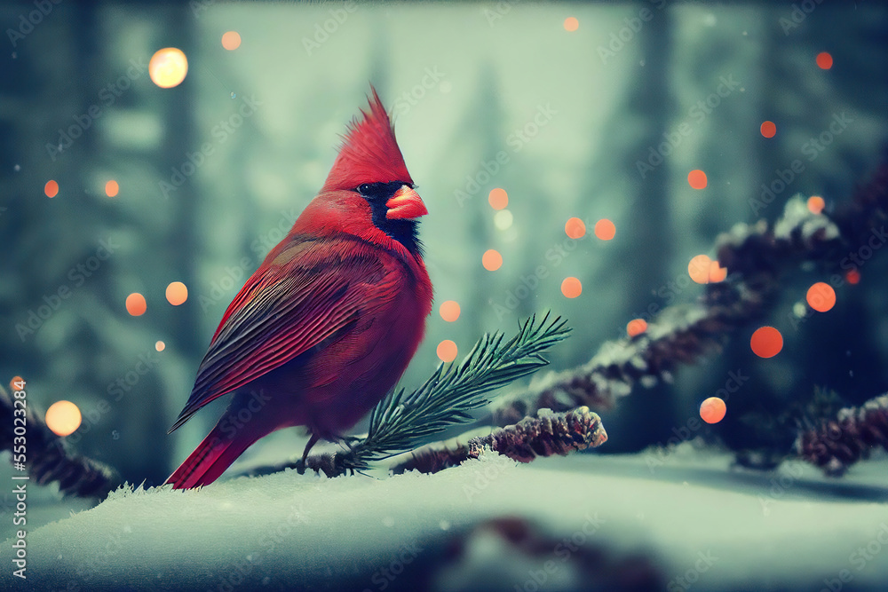 Beautiful northern cardinal bird sitting on a spruce branch covered ...