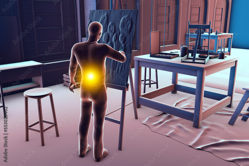 Professional musculoskeletal disorders in artists. Man artist is ...