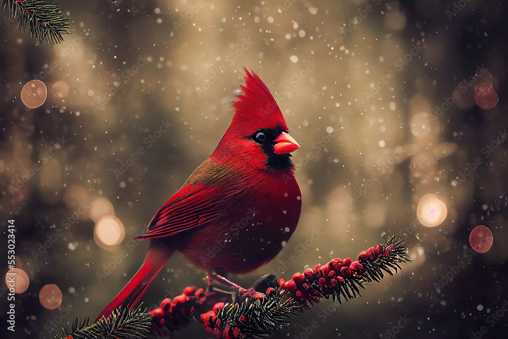 Beautiful northern cardinal bird sitting on a branch in the snowy ...