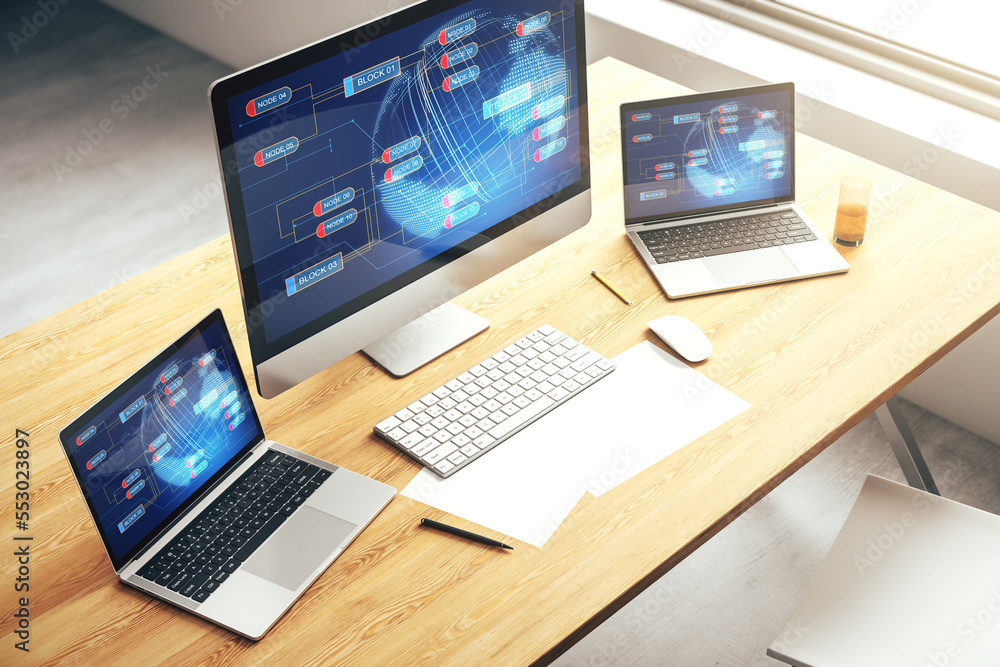 Modern computer monitor with abstract programming language with world ...