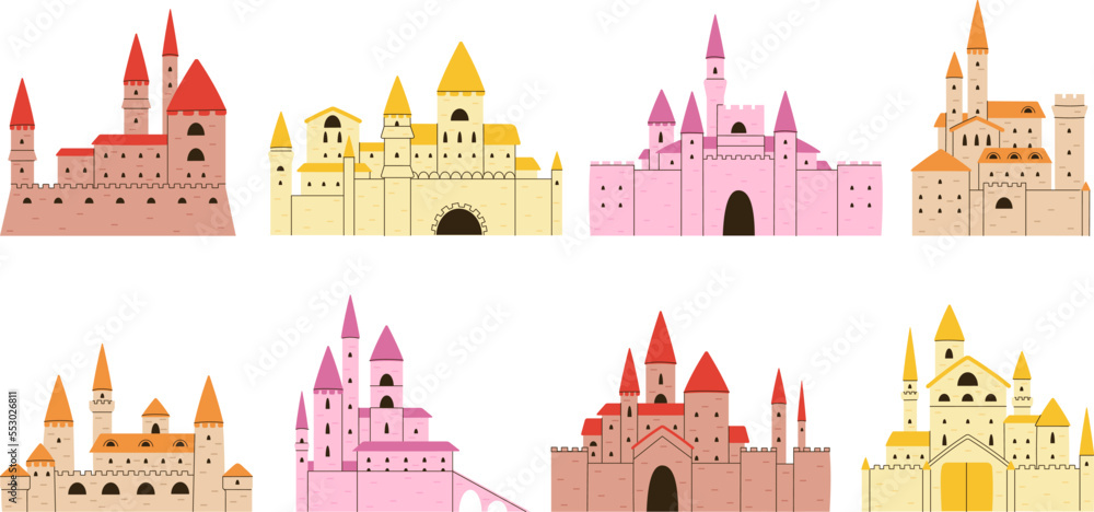 Cartoon castles exterior set. Doodle palace medieval, isolated flat ...