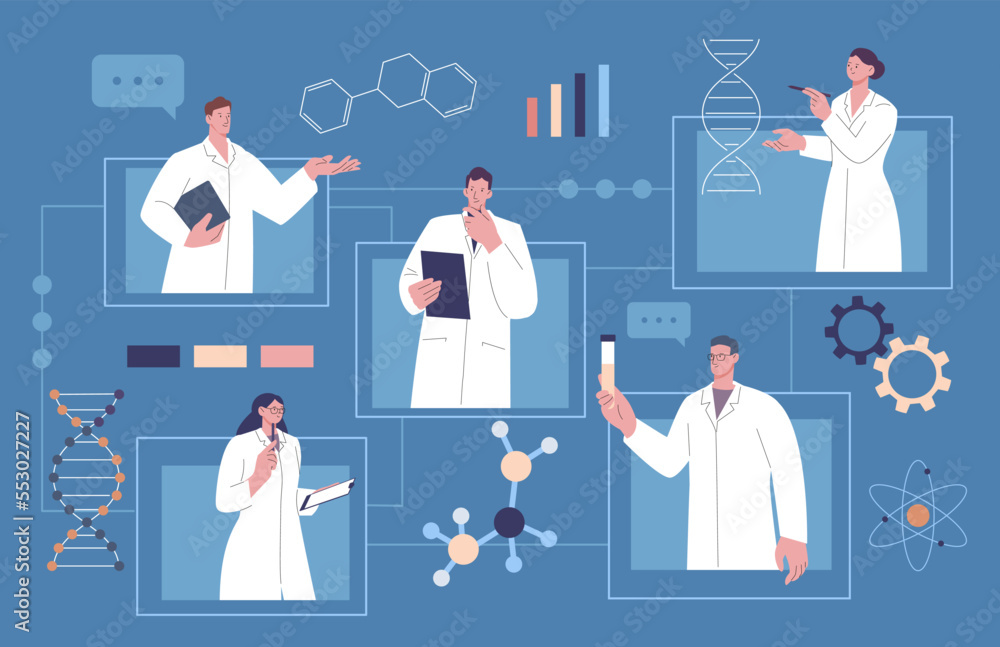 Science virtual research medicine. Flat scientists developing chemical ...