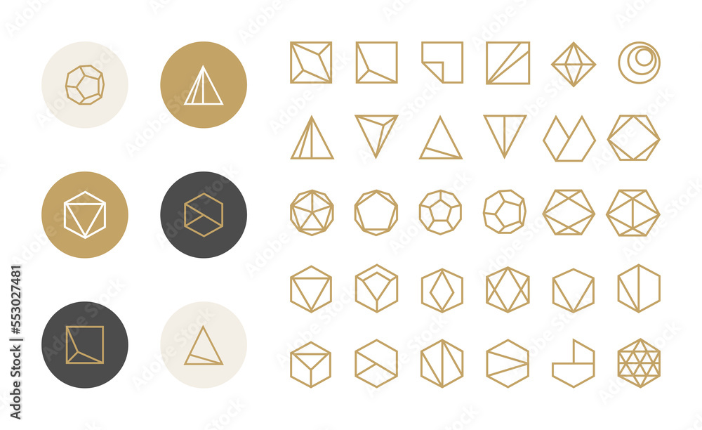 Collection of geometry 30 icons and 6 stylish golden Logo.Linear design ...