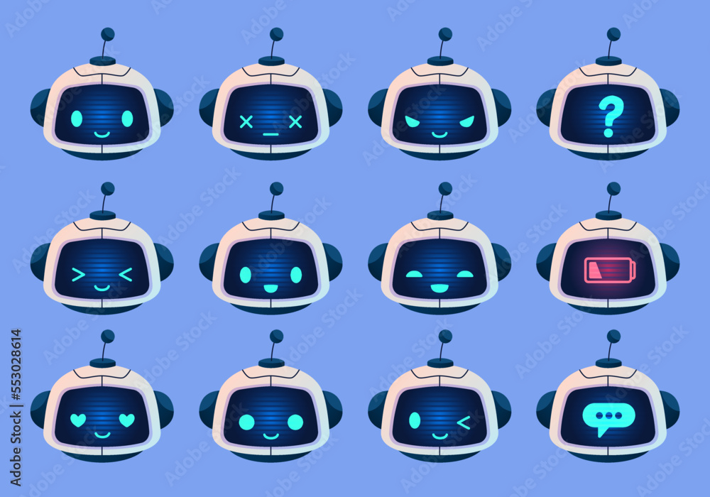 Cartoon robot emotions. Funny android faces with different expressions ...