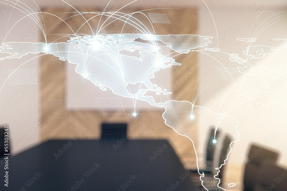 Double exposure of abstract digital world map hologram with connections ...