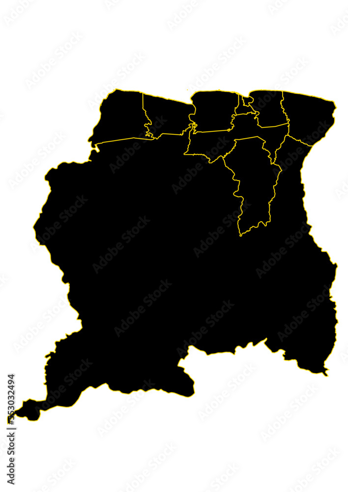 Map of Suriname with Districts (Black Fill and Golden District Borders ...