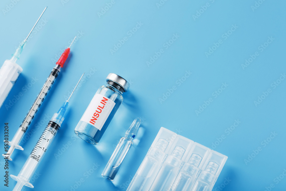 Ampoule bottle with insulin, needles and syringes for medical ...