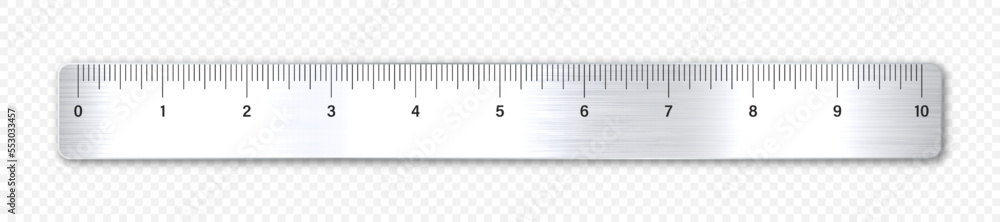 Realistic brushed metal ruler with measurement scale and divisions ...