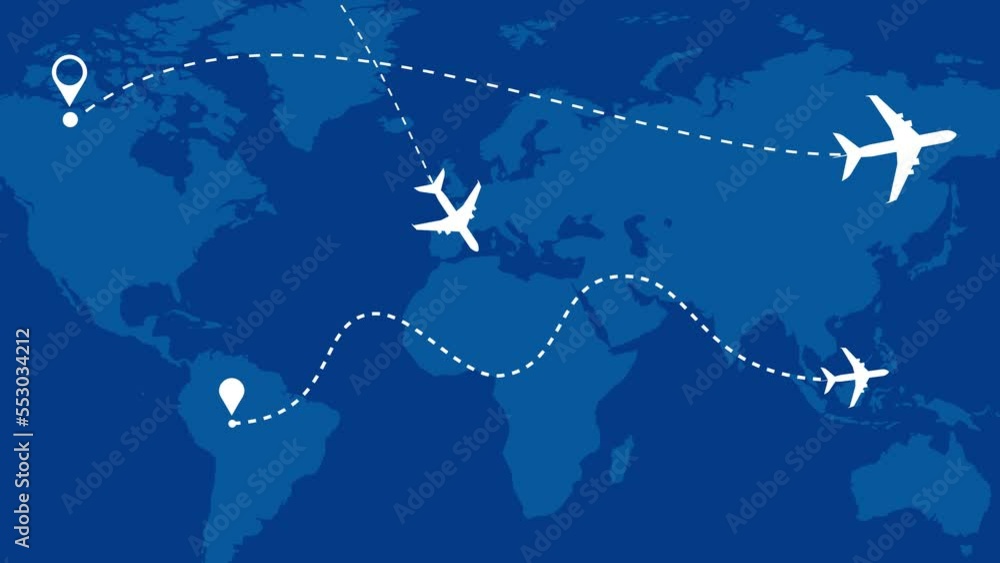 Group of Airplane Traffic Over World Map with Starting Point And Path ...