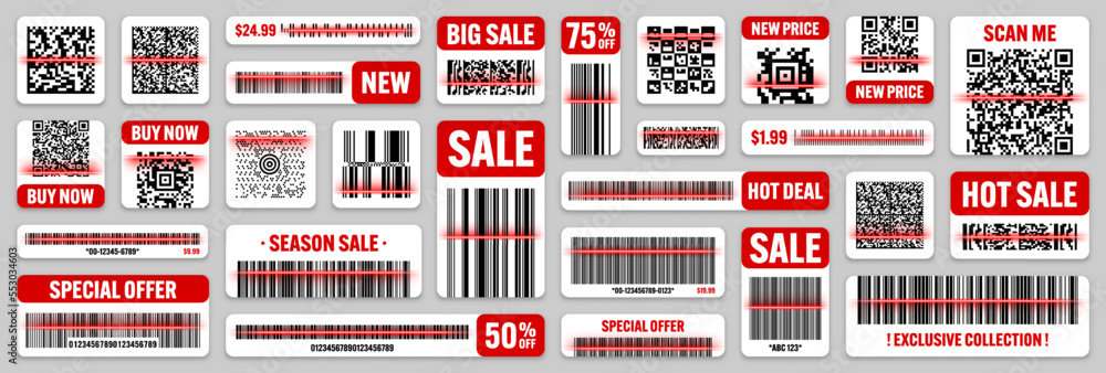 Product barcodes and QR codes with red scanning line. Sale stickers ...