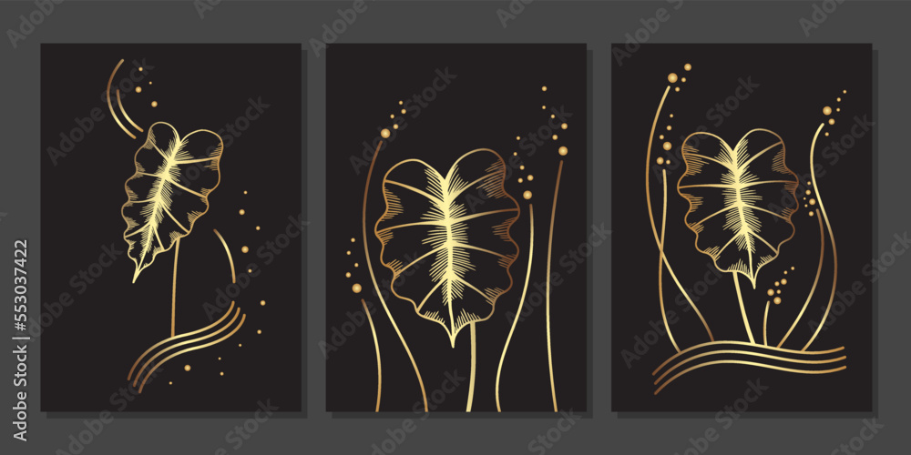 Set of luxury gold wall art. Golden alocasia leaves, line art branches. Linear plants on black ...