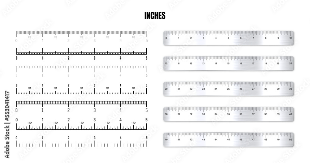 Realistic metal rulers with black inch scale for measuring length or ...