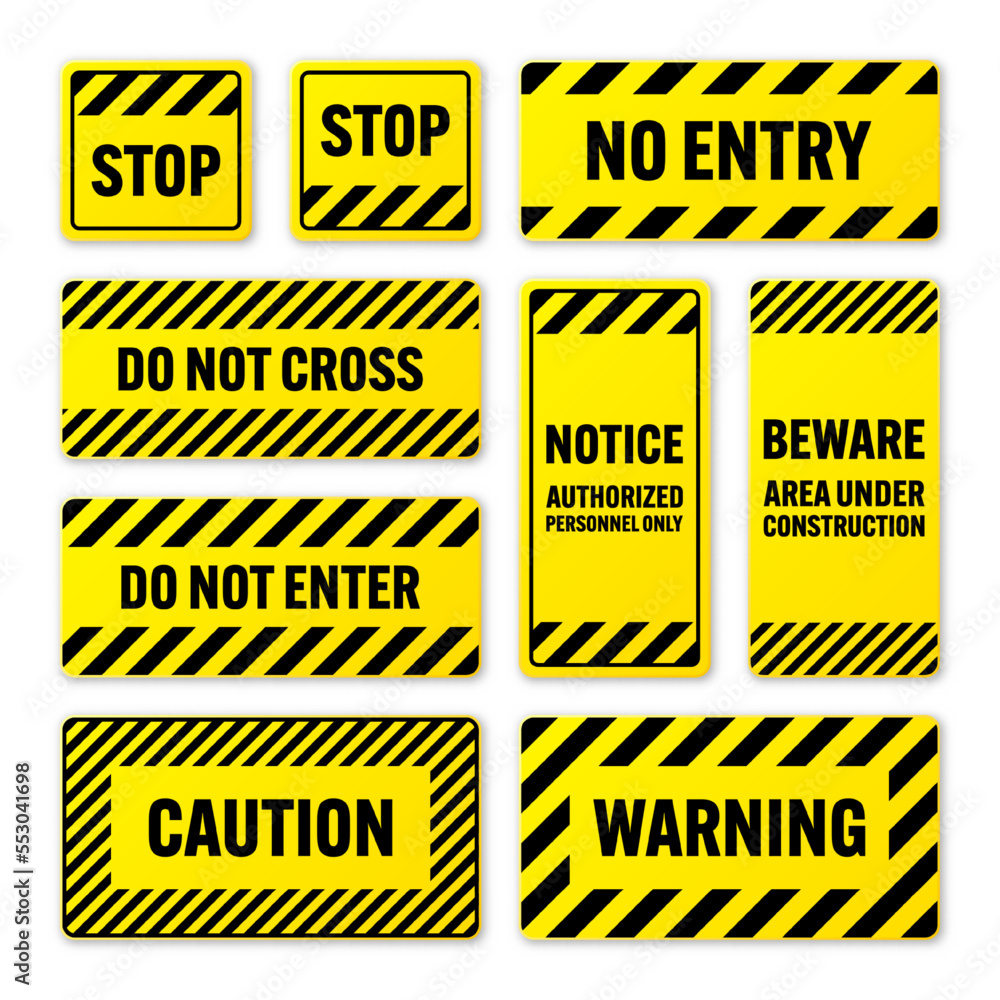 Various black and yellow warning signs with diagonal lines. Attention ...