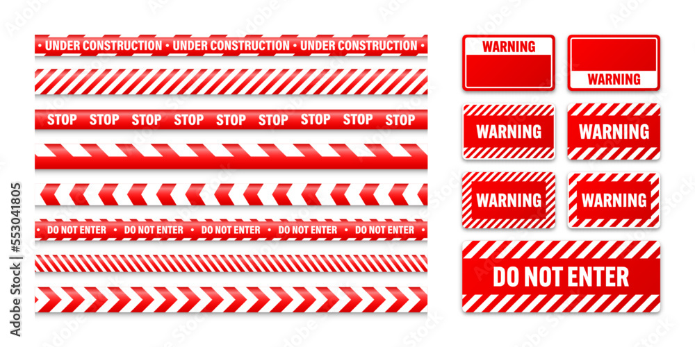 Various barricade construction tapes and warning shields. Red police ...