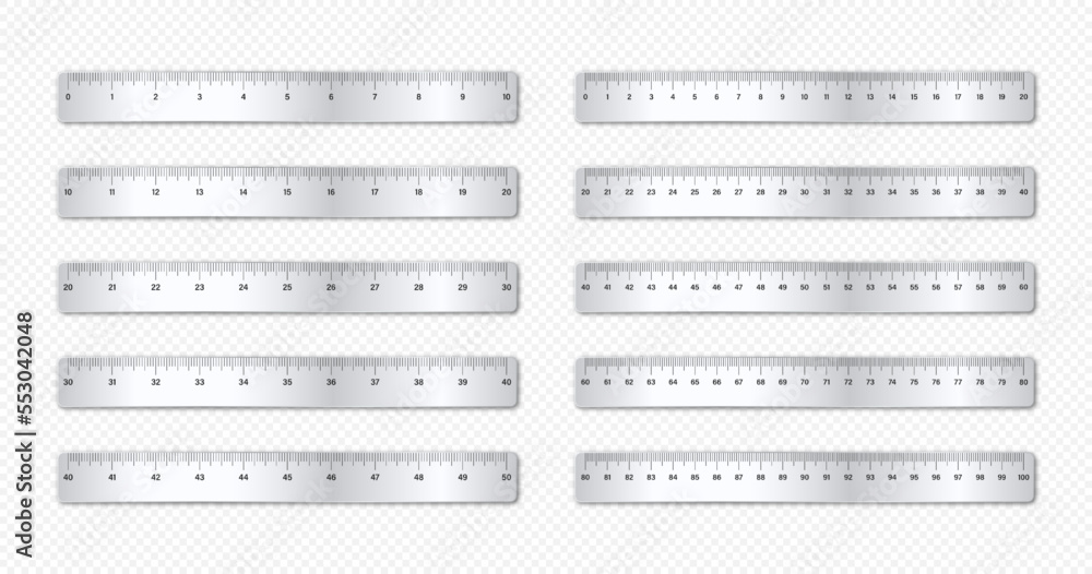 Realistic various shiny metal rulers with measurement scale and ...