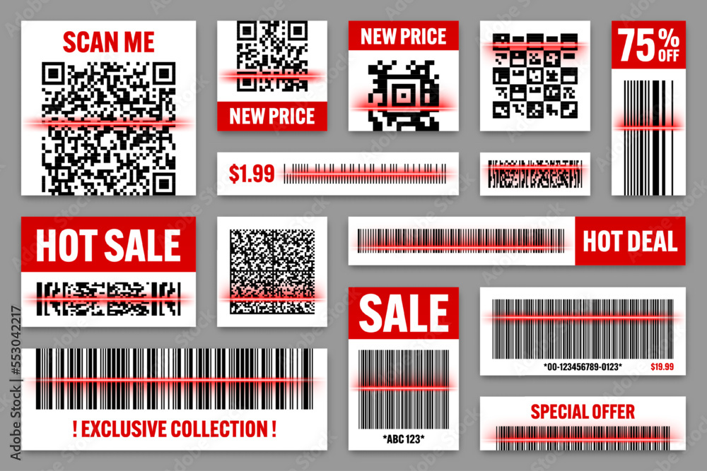 Product barcodes and QR codes with red scanning line. Sale stickers ...