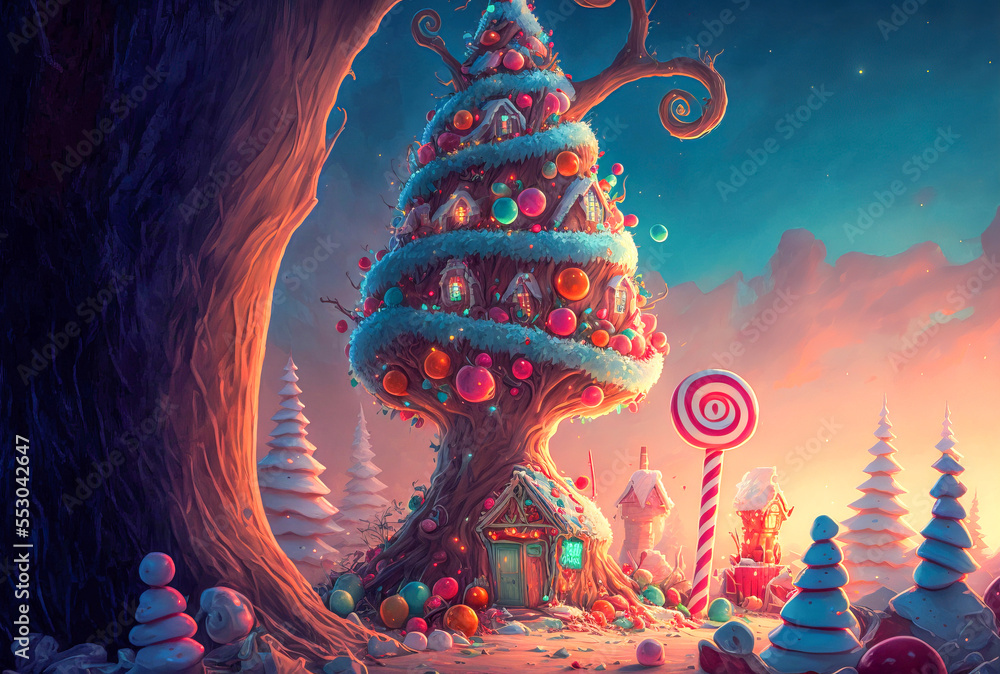 A beautiful Merry Christmas-themed candy cane festive scene in winter ...