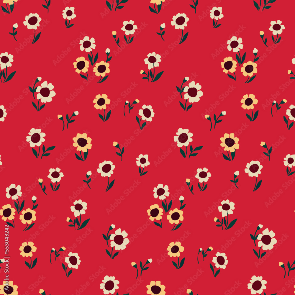 Seamless floral pattern, cute ditsy print with mini sunflowers on a red background. Pretty ...